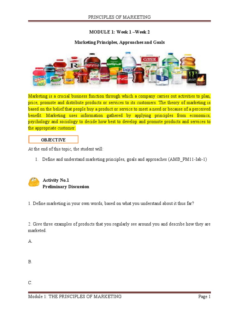 MODULE 1: Week 1 - Week 2 Marketing Principles, Approaches and Goals ...
