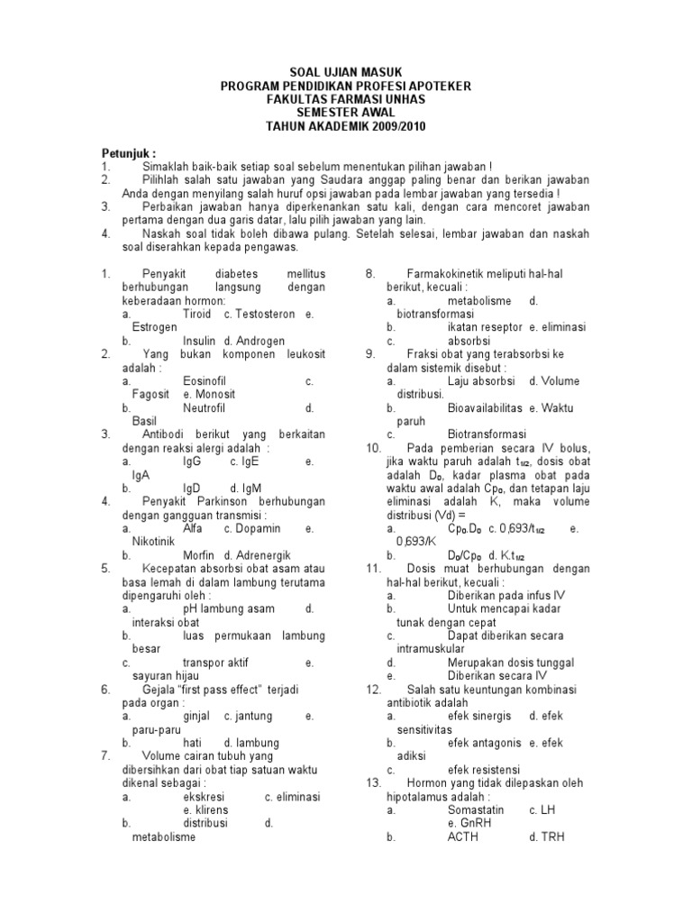 SOAL UJIAN MASUK APOTEKER Ak 08-09 | PDF