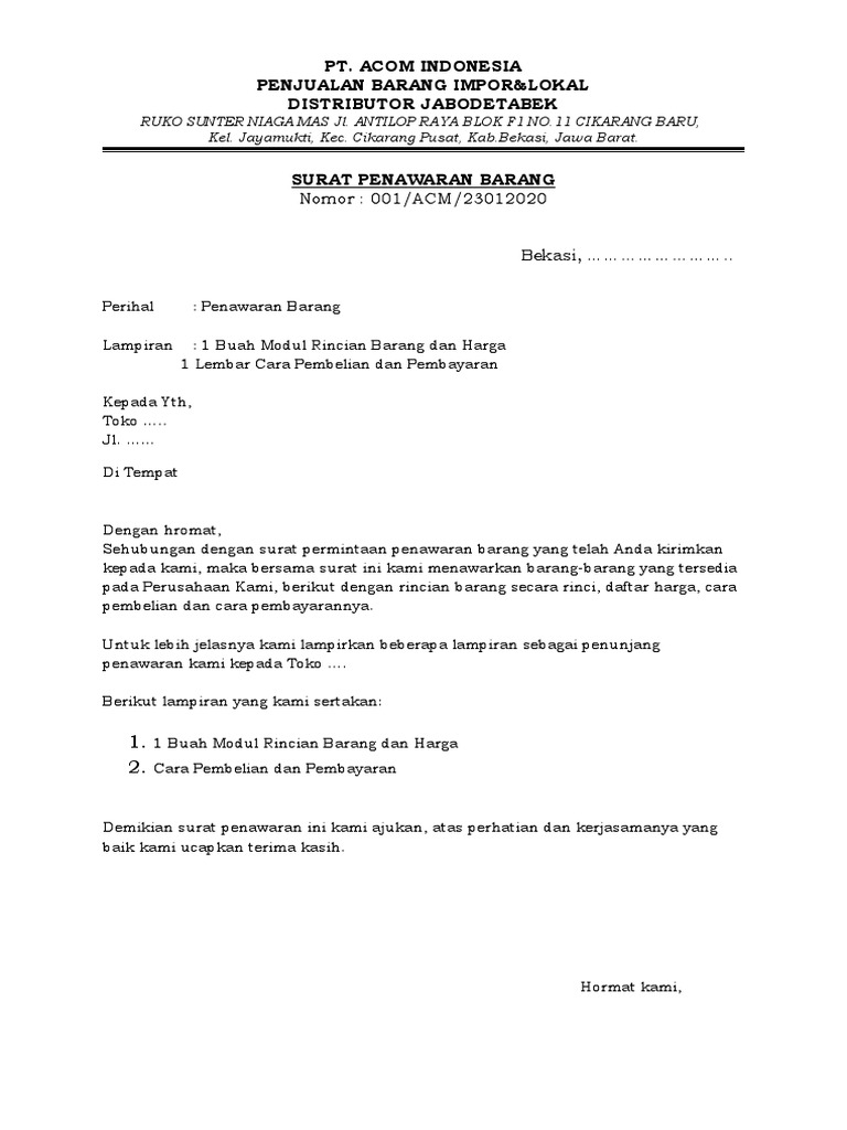 Penawaran Barang PT. ACOM | PDF | Pengelolaan Keuangan & Uang