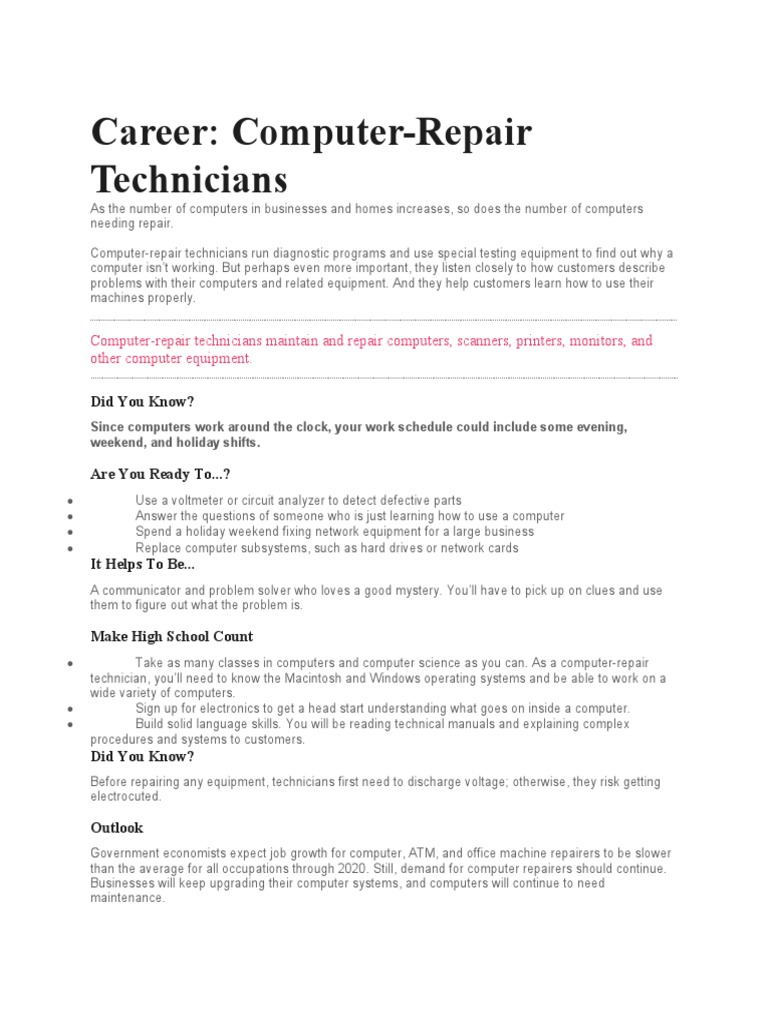 Career: Computer-Repair Technicians | PDF | Automated Teller Machine ...
