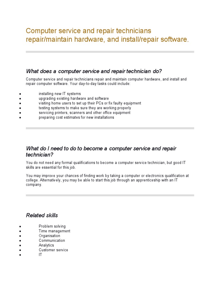 Computer Service and Repair Technicians Repair/maintain Hardware, and ...