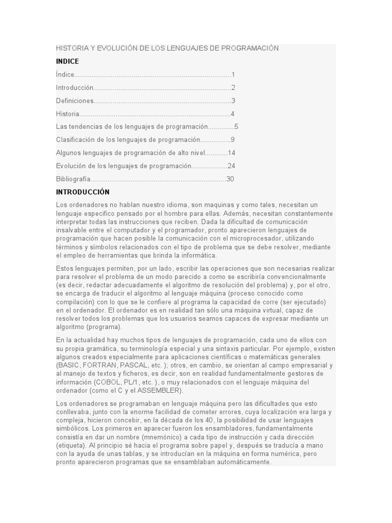 HISTORIA Y EVOLUCIÓN DE LOS LENGUAJES DE PROGRAMACIÓN | PDF | Lenguaje ...