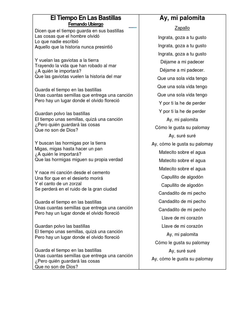Letra de Canciones - Música 4° Básico A | PDF