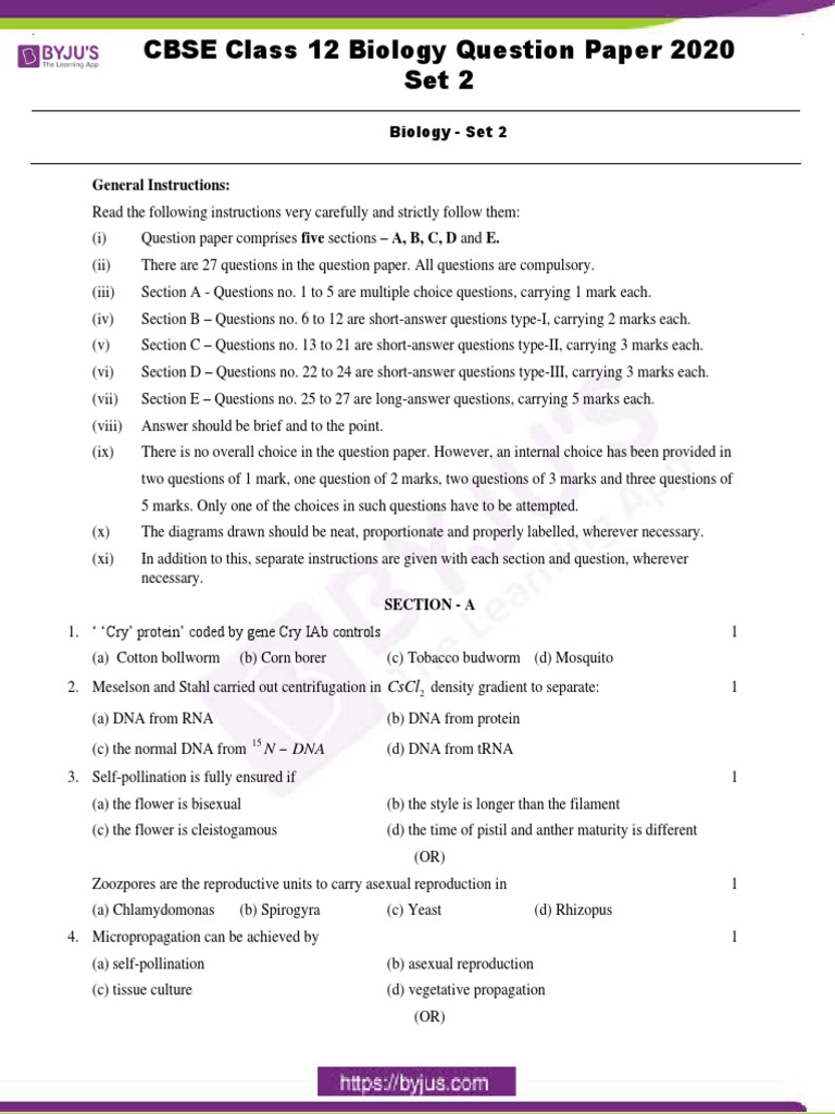 CBSE Class 12 Biology Question Paper 2020 Set 2 | PDF | Genetics | Gene