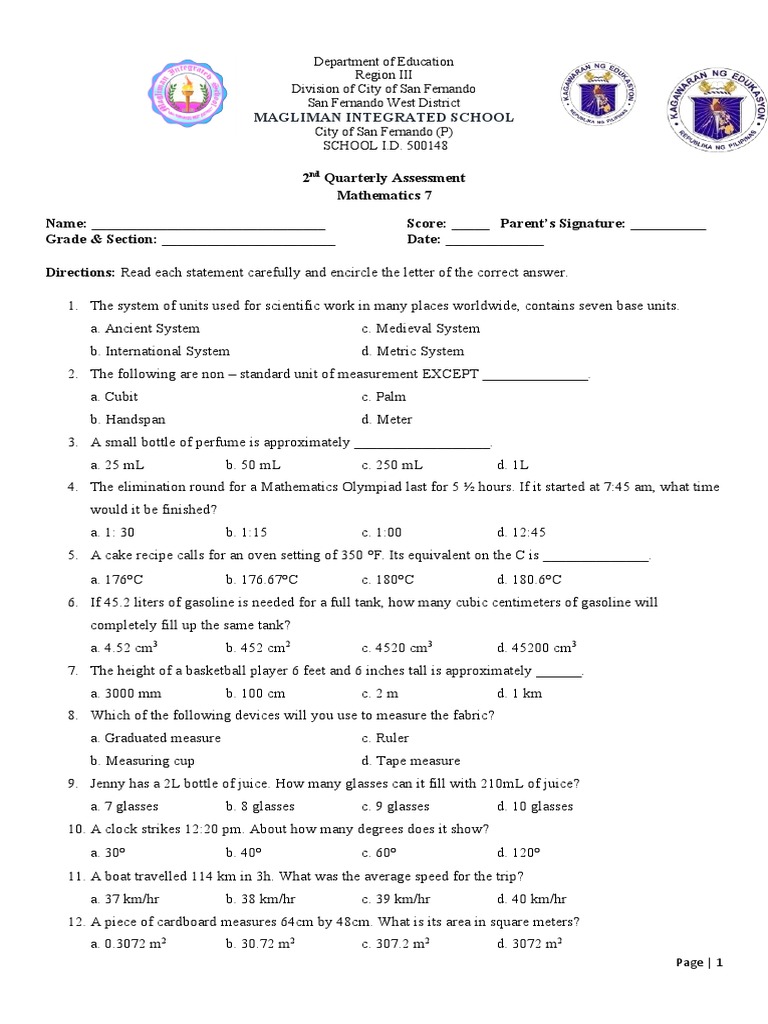 PERIODICAL TEST Math 7 - Quarter 2 | PDF | Polynomial | Length