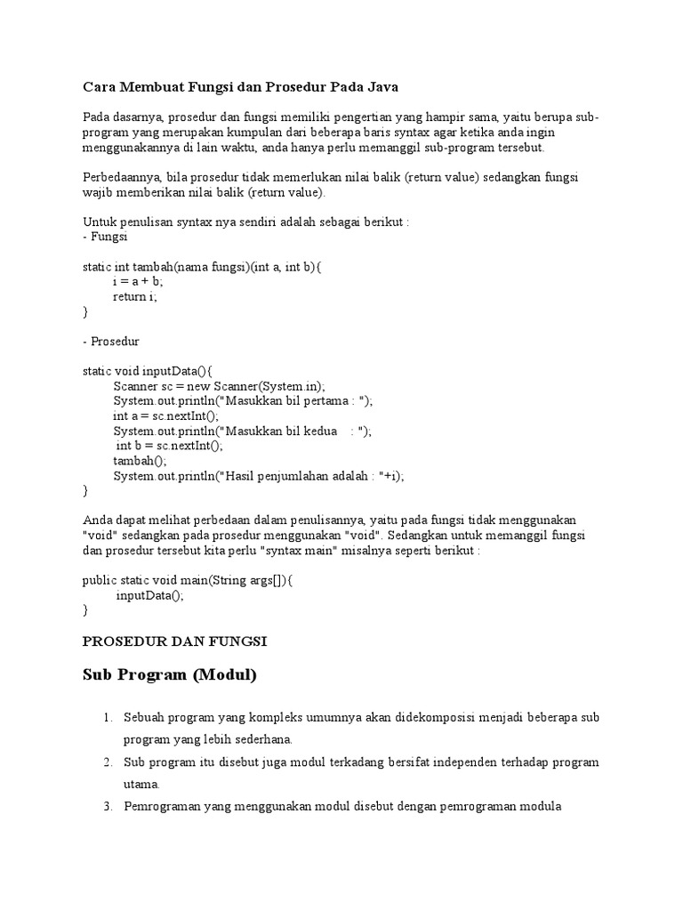 Cara Membuat Fungsi Dan Prosedur Pada Java | PDF | Metode & Bahan Ajar ...