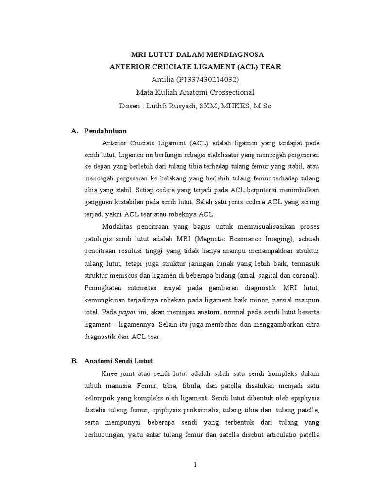 Diagnosa ACL Tear dengan MRI Lutut | PDF