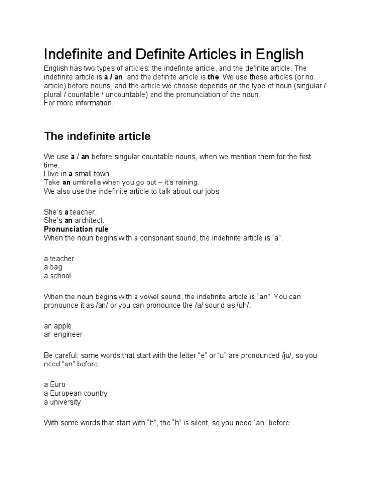 Indefinite and Definite Articles in English | PDF | Noun | Plural