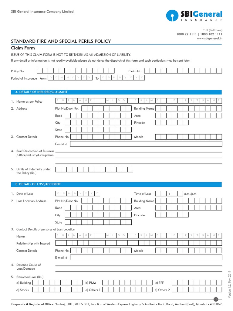 Standard Fire and Special Perils Policy Claim Form: SBI General ...