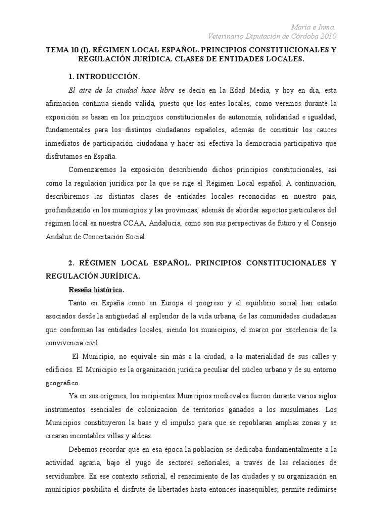 Tema 10 (I) .Régimen Local Español. Principios Constitucionales y ...