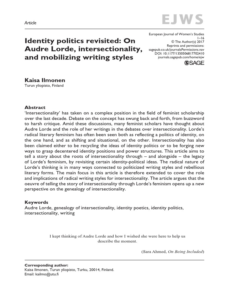 Identity Politics Revisited: On Audre Lorde, Intersectionality, and ...