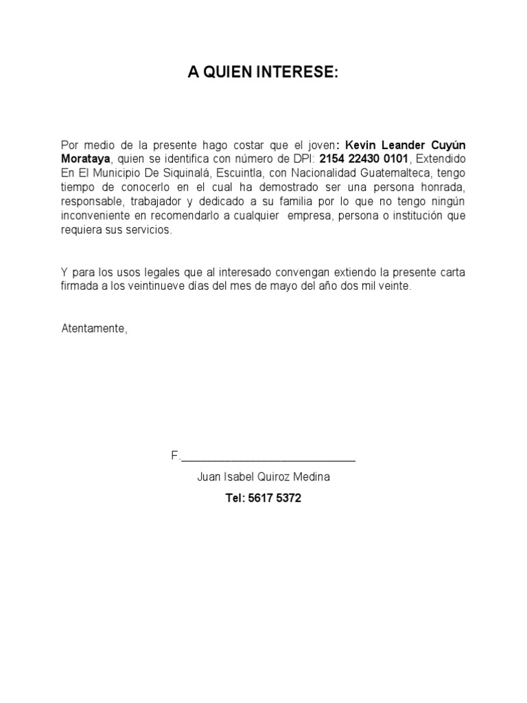 Carta de recomendación para Kevin Leander | PDF | Derecho