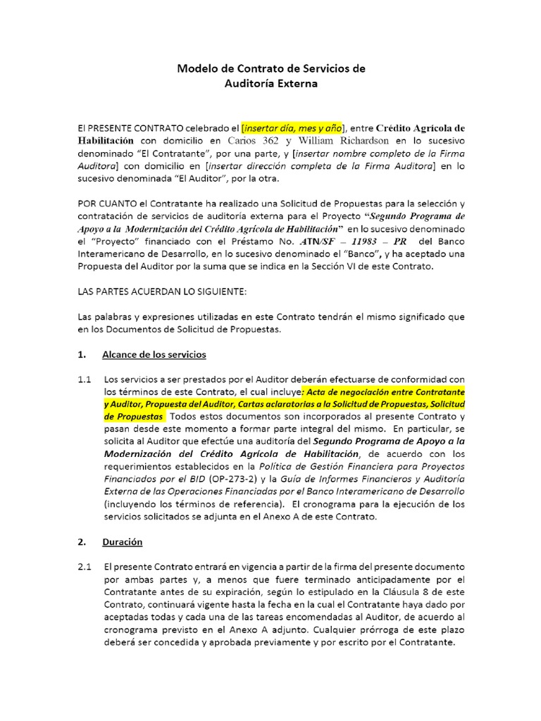 Modelo de Contrato de Servicios de Auditoría Externa | PDF
