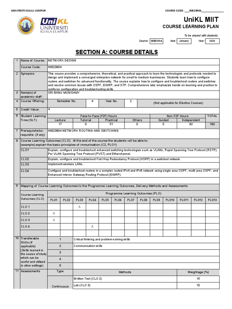 INB23904 Network Design Course Plan | PDF | Networking Standards ...