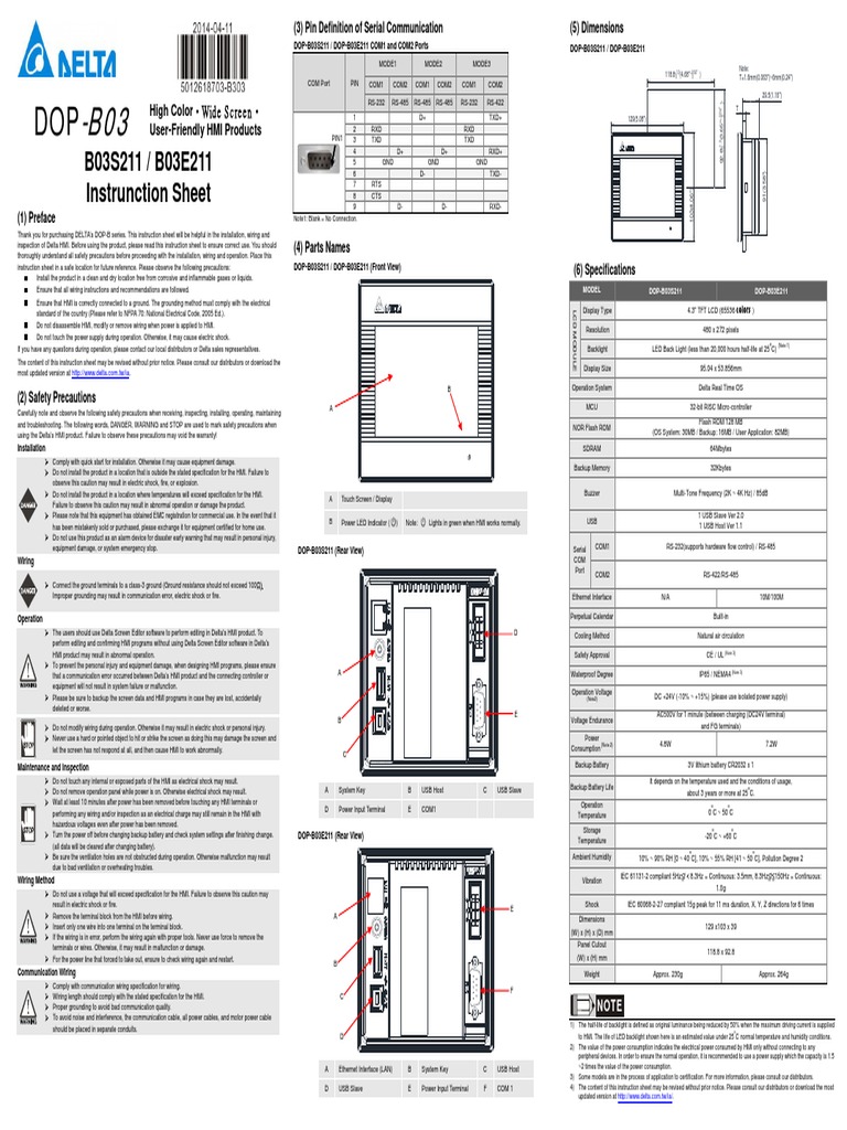B03S211 / B03E211 Instrunction Sheet: High Color User-Friendly HMI ...