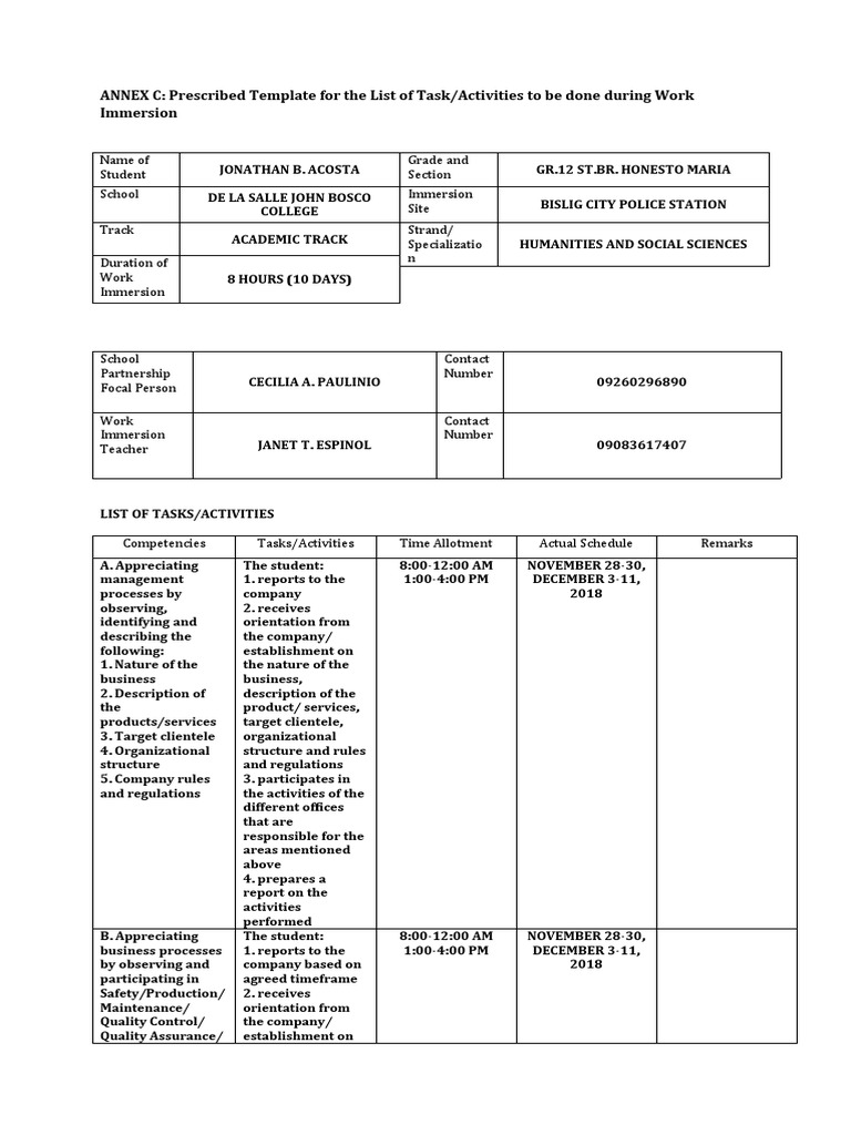 ANNEX C: Prescribed Template For The List of Task/Activities To Be Done ...