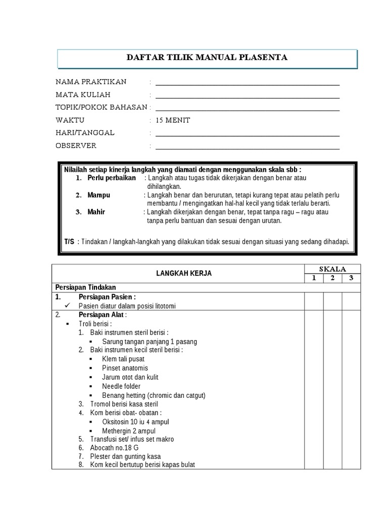 Contoh Daftar Tilik Manual Plasenta PDF | PDF