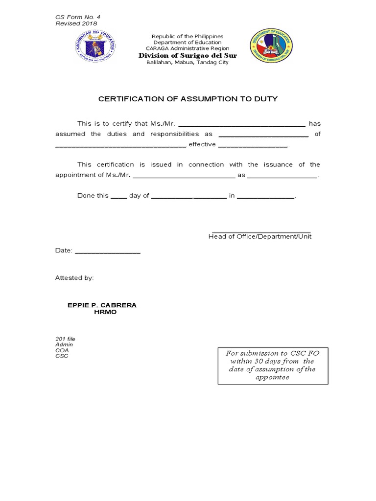 CS Form No. 4 Certification of Assumption To Duty | PDF