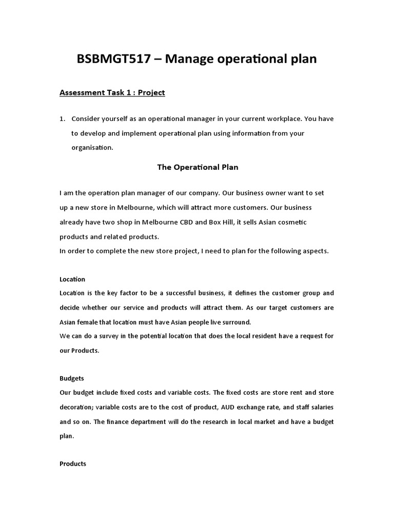 BSBMGT517 - Manage Operational Plan: Assessment Task 1: Project | PDF | Employment | Marketing