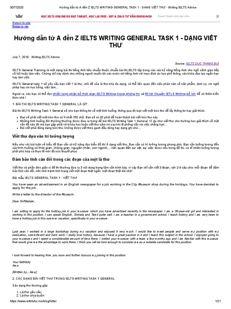 Hướng dẫn từ A đến Z IELTS WRITING GENERAL TASK 1 - DẠNG VIẾT THƯ - Writing IELTS Advice | PDF