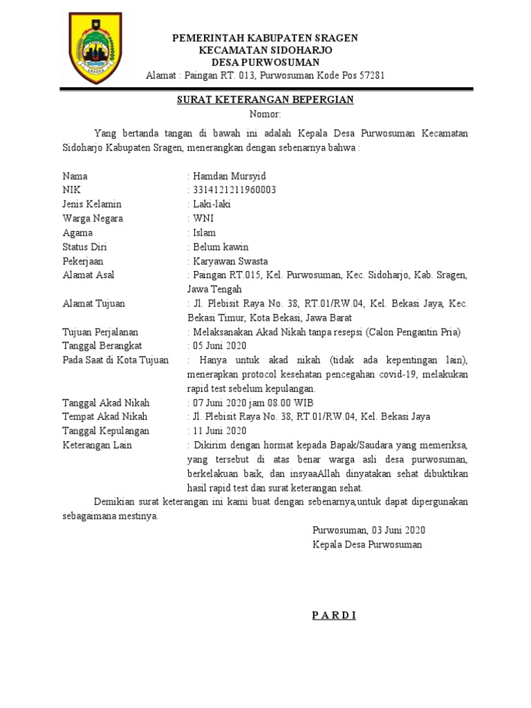 Surat Keterangan Bepergian Kelurahan | PDF