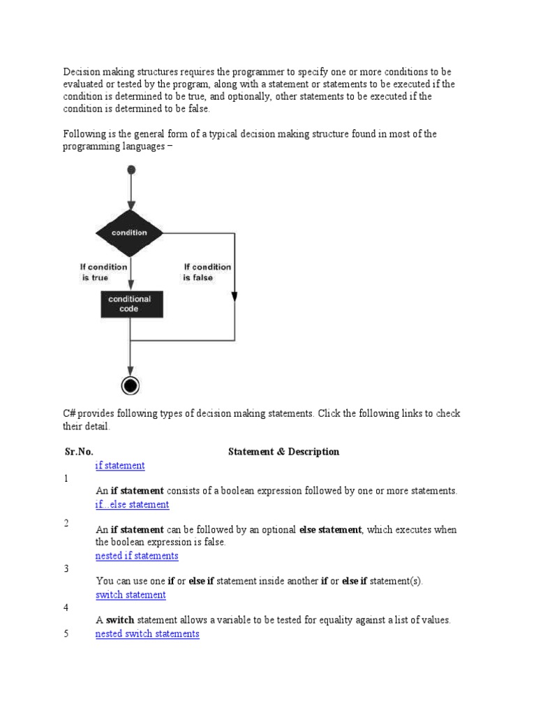 Decision Making Structures Requires The Programmer To Specify One or More Conditions To Be ...