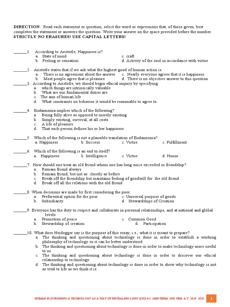 Human Flourishing Long Quiz 2 | PDF | Happiness | Philosophical Theories