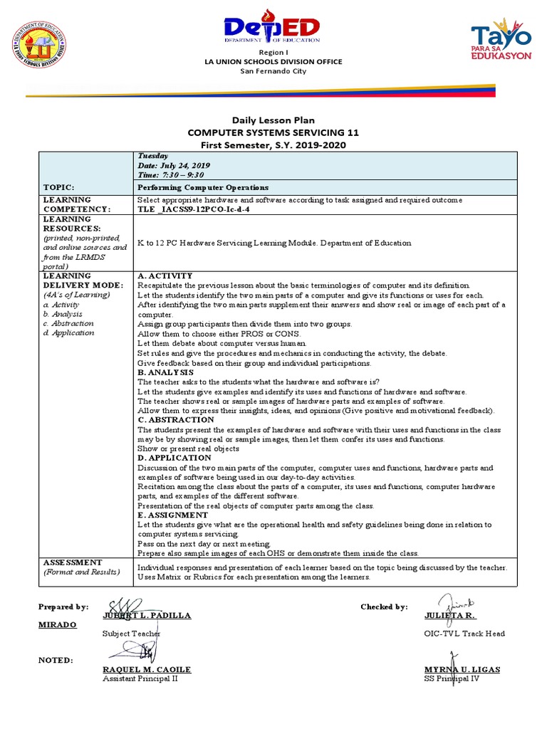 Daily Lesson Plan Computer Systems Servicing 11 First Semester, S.Y ...