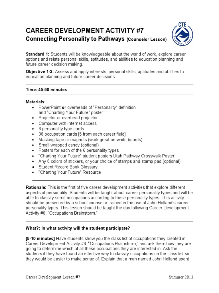 Career Development Activity #7: Connecting Personality To Pathways ...