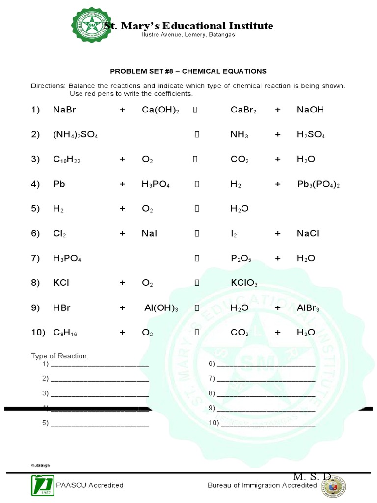 St. Mary's Educational Institute: Problem Set #8 - Chemical Equations ...