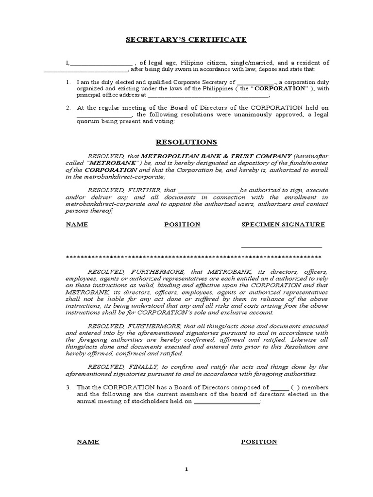 JLB MBTC Secretary Certificate-Enrollment | PDF | Board Of Directors ...