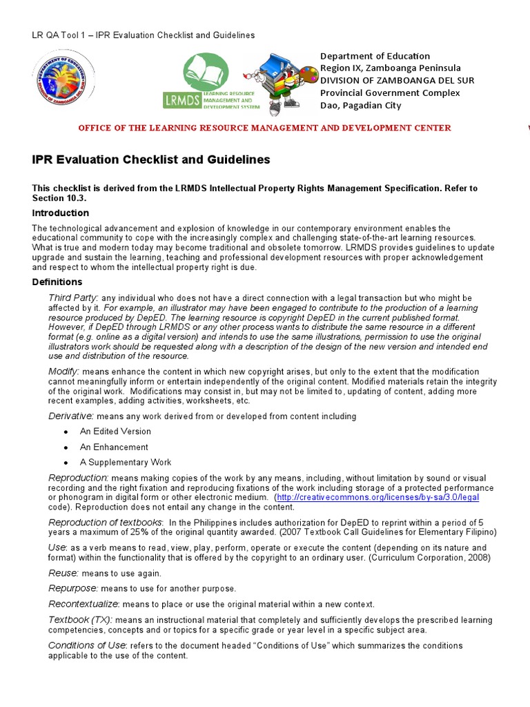LR QA Tool 1 IPR Evaluation Checklist and Guidelines | PDF ...