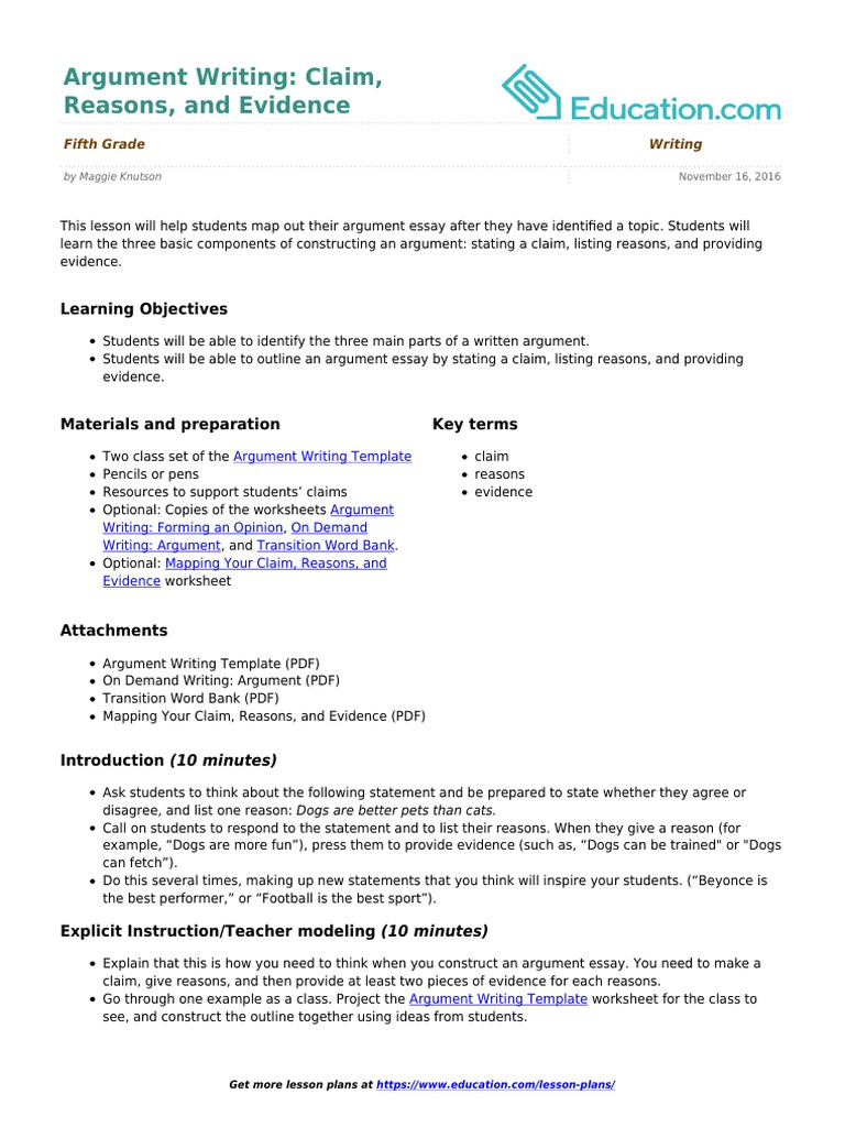 Argument Writing Claim Reasons Evidence | PDF | Essays | Reason