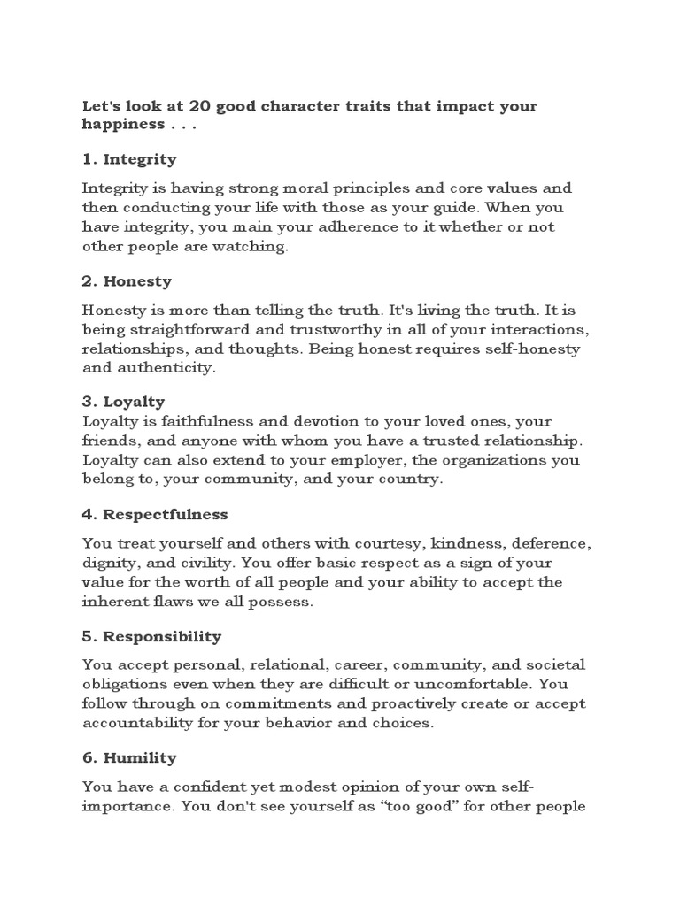 Good Character Traits | PDF | Self Control | Self-Management