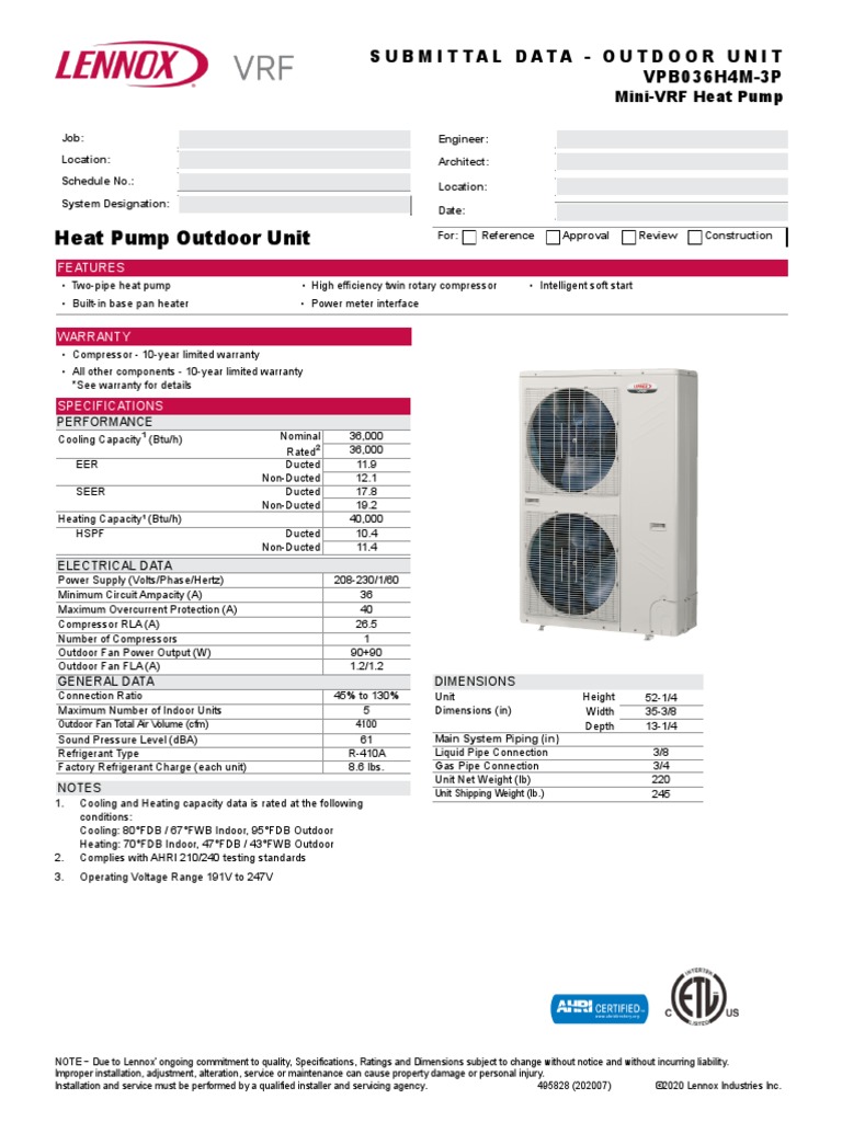 Heat Pump Outdoor Unit: Submittal Data - Outdoor Unit VPB036H4M-3P ...
