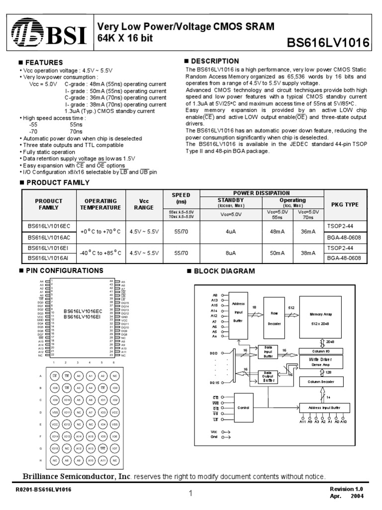 BS616LV1016: Very Low Power/Voltage CMOS SRAM 64K X 16 Bit | Download Free PDF | Cmos | Capacitor