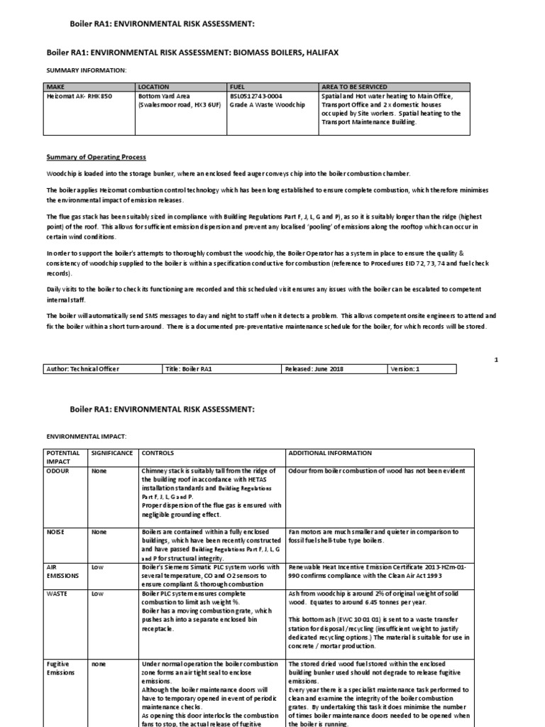 Boiler RA1 Risk Assessment | PDF | Combustion | Boiler