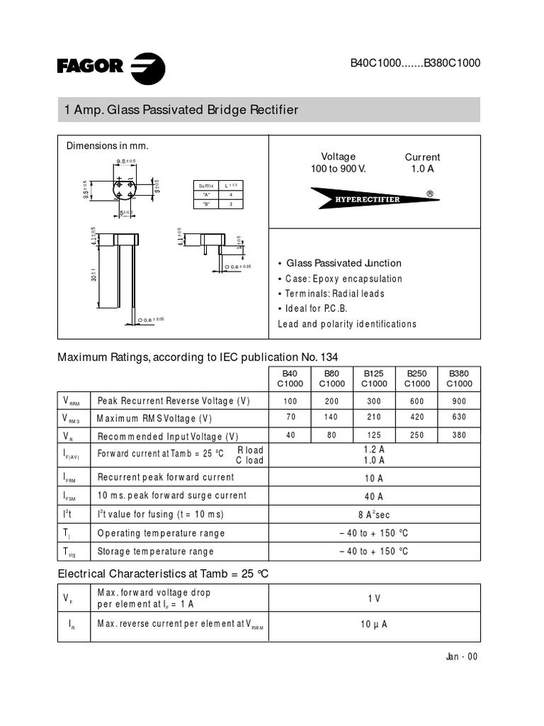 1 Amp. Glass Passivated Bridge Rectifier: B40C1000....... B380C1000 ...