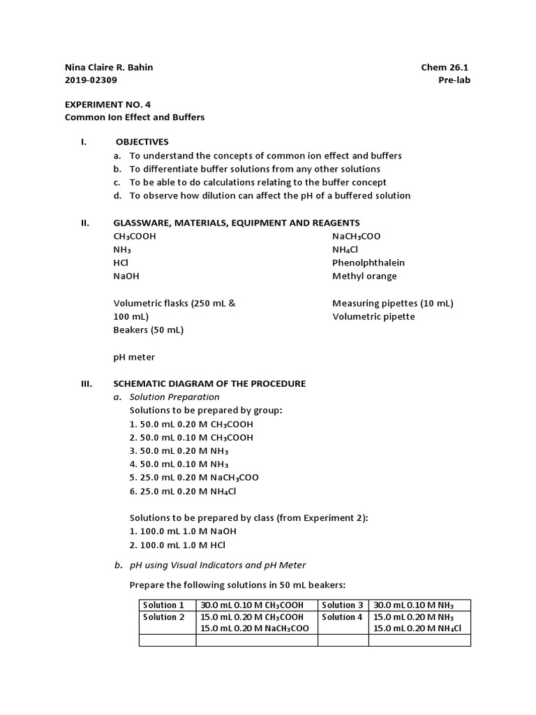 Nina Claire R. Bahin Chem 26.1 2019-02309 Pre-Lab Experiment No. 4 Common Ion Effect and Buffers ...