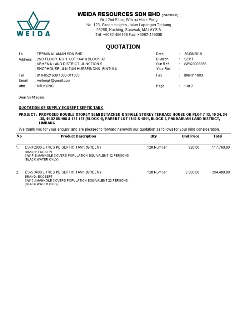 Weida Resources SDN BHD: Brand: Ecosept | PDF | Payments | Government Finances