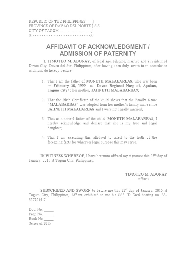 Affidavit of Acknowledgment / Admission of Paternity | PDF | Affidavit ...