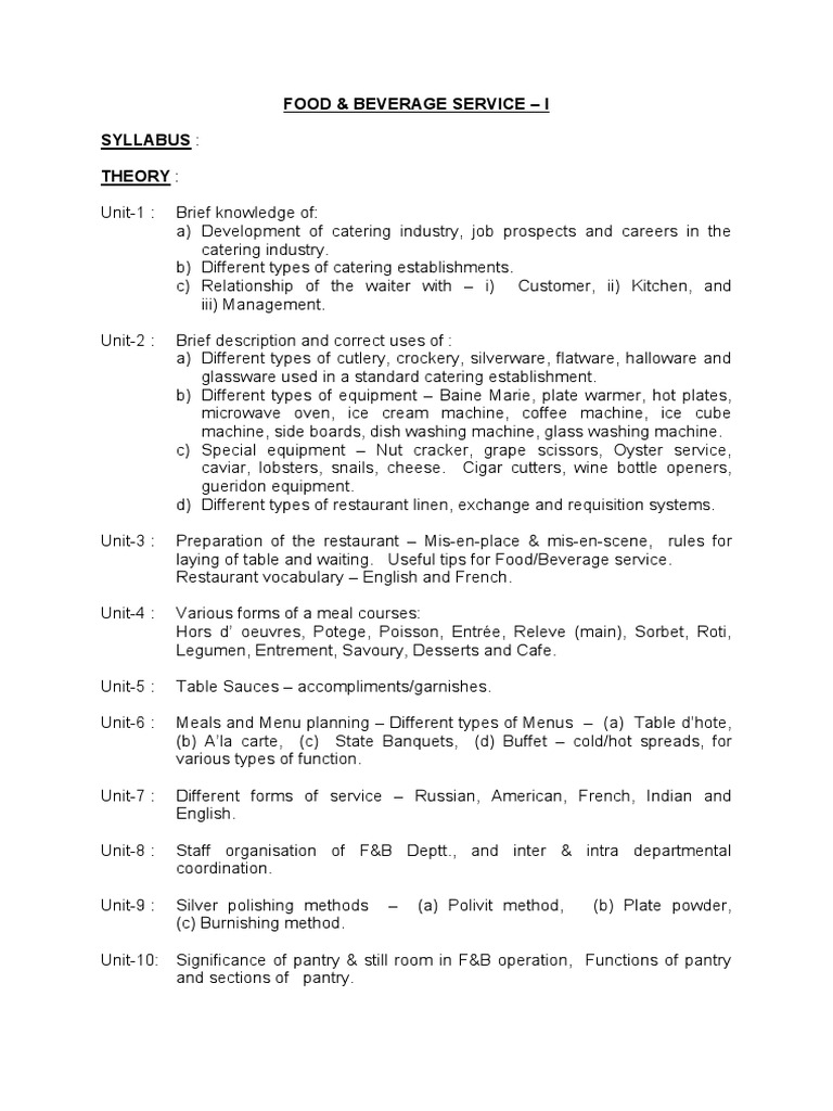 Food & Beverage Service - I Syllabus: Theory | PDF | Restaurants | Menu