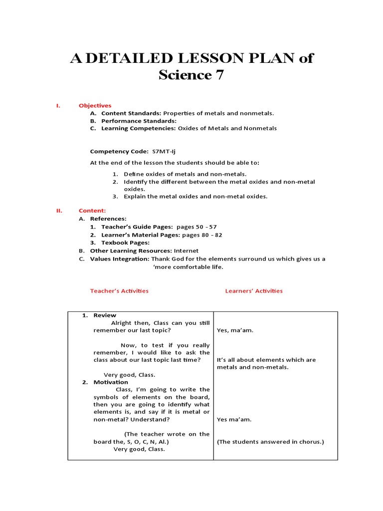 A Detailed Lesson Plan of Science 7: I. Objectives | PDF | Oxide ...