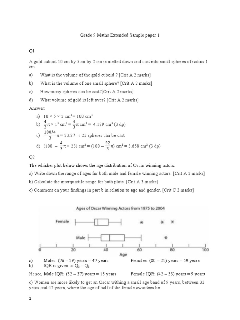 Grade 9 Maths Exrtended Sample Paper 1 With Solutions | PDF ...