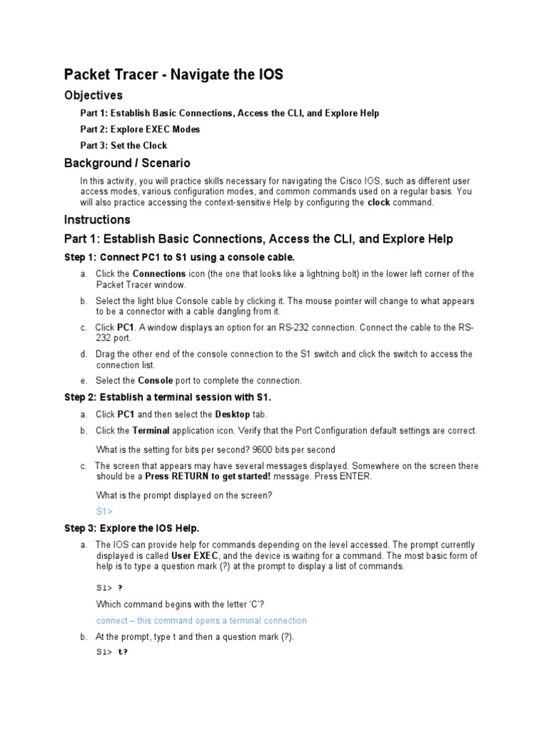 Packet Tracer - Navigate The IOS: Objectives | PDF | Command Line Interface | Icon (Computing)