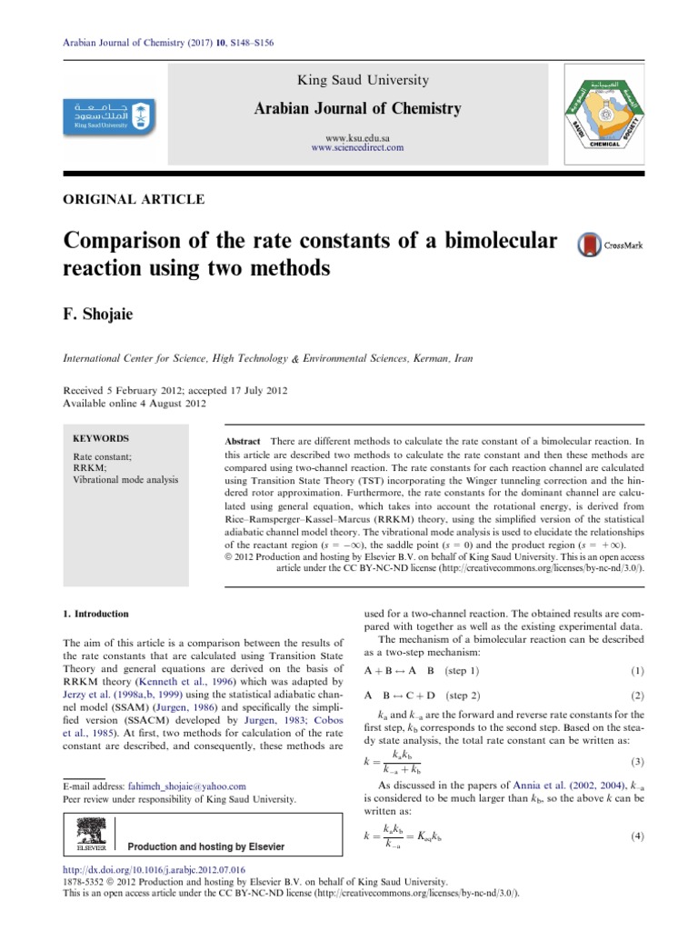 Comparison of The Rate Constants of A Bimolecular Reaction Using Two ...