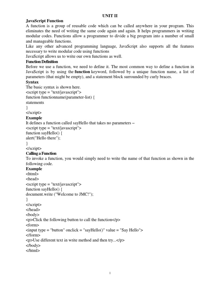 Unit Ii Javascript Function Pdf Subroutine Parameter Computer Programming
