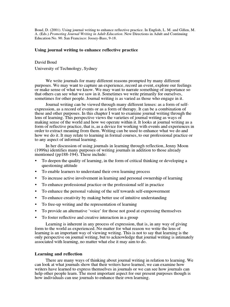 2001 - Boud - Journal Writing To Enhance Reflective Practice | PDF ...