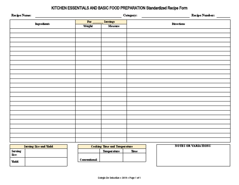 Kitchen Essentials and Basic Food Preparation Standardized Recipe Form ...