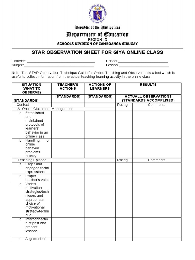 Star Observation Sheet For Giya Online Class: Situation (What To ...